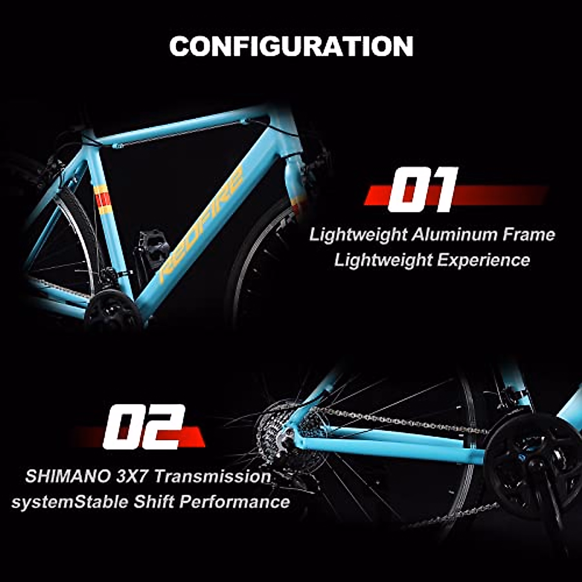 Redfire Hybrid Bike for Men and Women, 21-Speed Drivetrain, 700C Wheels,19/21 Inch Aluminum Frame, City Commuter Bicycle for Adult, Multiple Colors