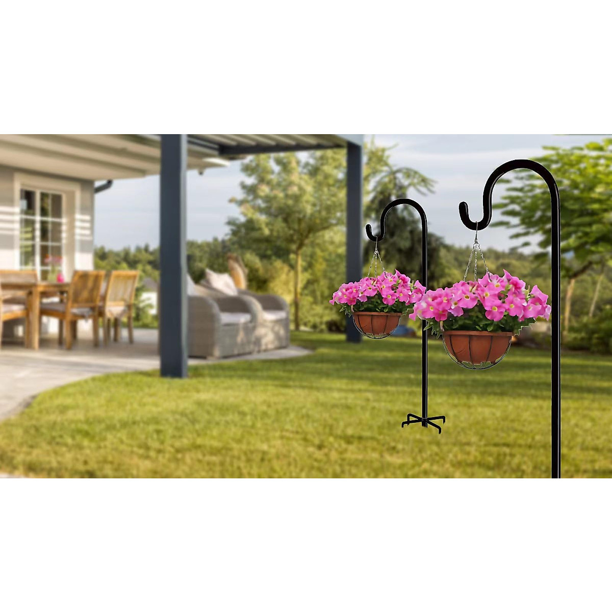 Garden Shepherd Hook Outdoor with 5 Prong Base, Bird Feeder Pole Hanger Holder Stand, Adjustable Heavy Duty Solar Light Plant Lantern Hanger Holder, Wedding Decor Black