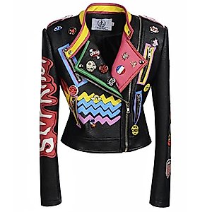 LC WANCHENG GLOBAL TRADE Women's graffiti black sexy motorcycle jacket cartoon print short punk leather jacket (Black, 4XL)