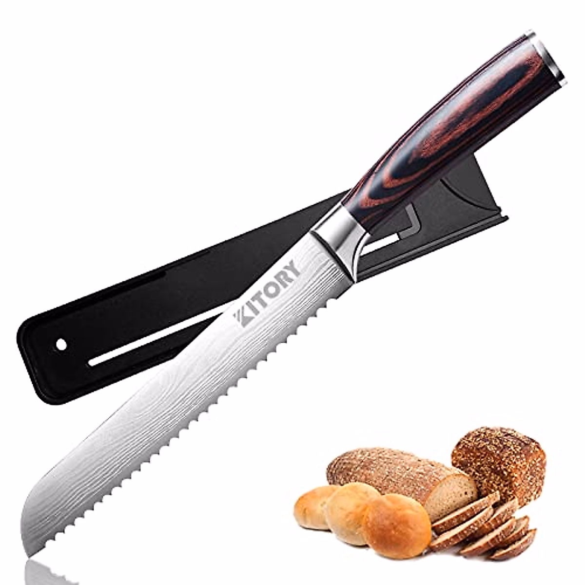 Kitory Bread Knife Serrated Knife 8‘’ Ultra Sharp Slicing Knife with Sheath German High Carbon Steel Wavy Edge Cake Slicer Bakery Slicing Cutter Ergonomic Ideal for All Types of Bread