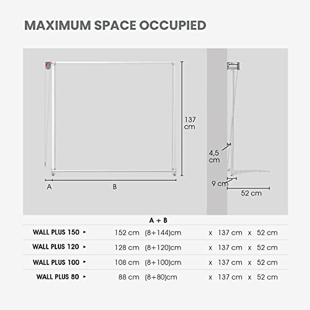 foxydry Wall Plus, Wall Mounted Drying Rack, Wall Clothesline, Laundry Drying Rack Foldable and Suspended Clothesline in Aluminium and Steel 152x52x137cm / 59.84x20.48x54 in (150 cm)
