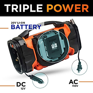 RoofPax Tire Inflator Portable Air Compressor for Car Tires 3 Power Sources AC/DC & Battery Heavy Duty Inflator/Deflator Digital Car Air Pump with Pressure Gauge 12V 110 AC 160 PSI For Car RV & Truck