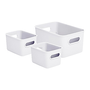 Superio Ribbed Collection - Decorative Plastic Open Home Storage Bins Organizer Baskets, White (Set of 3) 1 Medium, 2 Small - Container Boxes for Organizing Closet Shelves Drawer Shelf