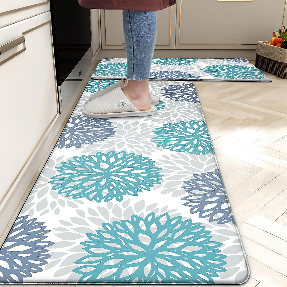 Teal Kitchen Mats Set of 2 Cushioned Anti Fatigue Kitchen Rugs Non Slip Waterproof Runner Memory Foam Kitchen Floor Mat Comfort Standing Mat for Sink,Office,Laundry