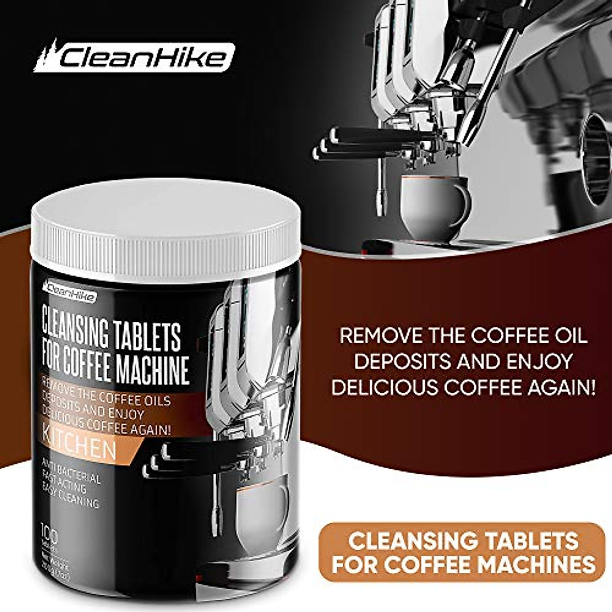 CleanHike Espresso Machine Cleaning Tablets - (100 Tablets) For Breville, Jura, Miele, and Universal Coffee Machine for All Brands - Professional Coffee Grease and Residue Cleaner for Baristas (1)