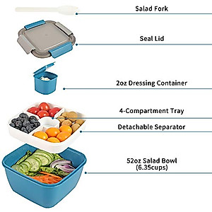 shopwithgreen 52 OZ to Go Salad Container Lunch Container, BPA-Free, 3-Compartment for Salad Toppings and Snacks, Salad Bowl with Dressing Container, Built-in Reusable spoon, Microwave Safe