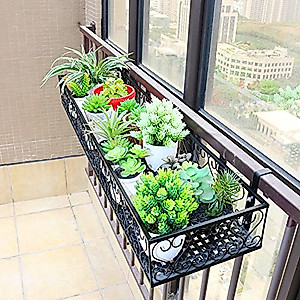 Mairuker Balcony Railing Shelf Flower Pot Stand Rack, 23.5 Inches Iron Hanging Flower Rack Basket Shelf with Hooks for Outdoor Garden Balcony Fence Patio (Black)
