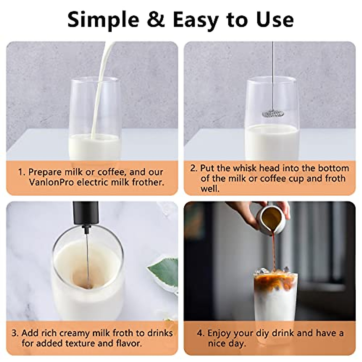 VanlonPro Electric Milk Frother Foam Maker, Milk Frother for Coffee, Wood Pattern Printed, Handheld Battery Operated Whisk Drink Mixer, Mini Foamer for Lattes,Cappuccino, Matcha, Hot Chocolate, Frappe