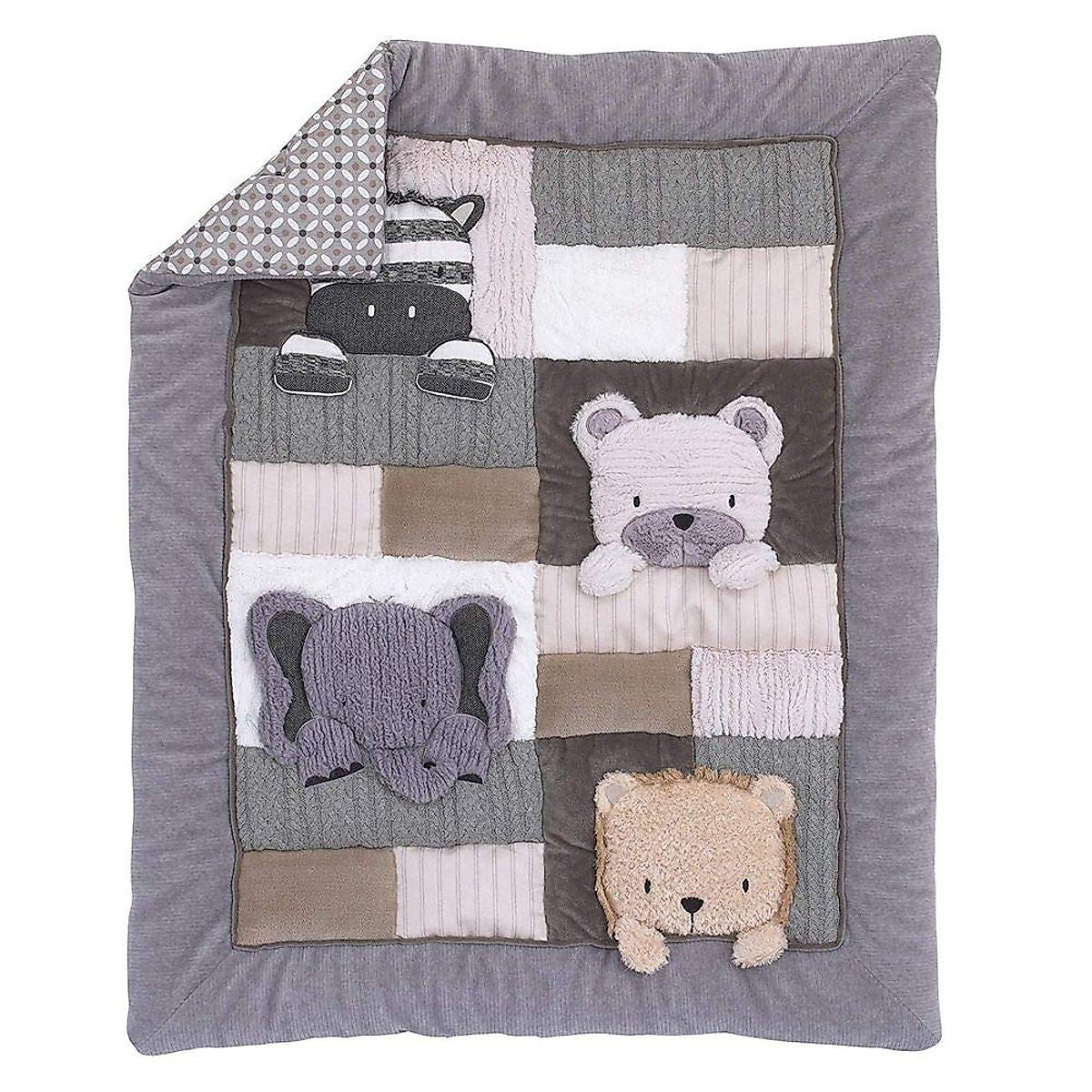 NoJo Play Day Pals Elephant/Bear/Lion/Zebra Animal 4 Piece Nursery Crib Bedding Set, Grey, Tan, Taupe, White