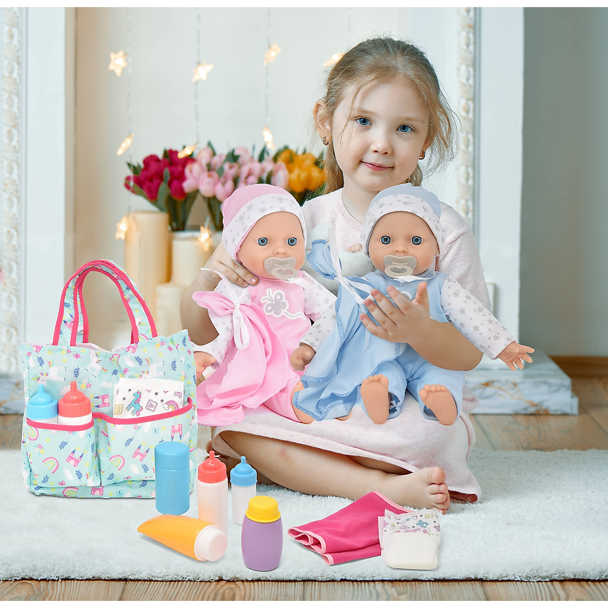 Gift Boutique Twin Baby Dolls with Accessories, Soft Body Girl Doll & Baby Boy Doll with Diaper Bag Doll Care Kit with Feeding Bottles, Pacifiers, Diaper & Changing Accessories Set for Toddlers & Kids