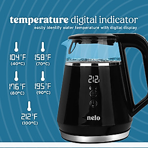 NELO Electric Kettle with 5 Temperature Control Presets, Large Digital Temperature Display, Multi-Colored LED Indicator Lights, Black Tea Kettle & Hot Water Boiler, 360° Base, BPA-Free, 1 Liter