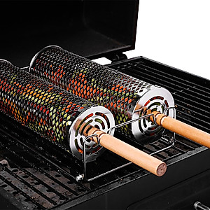 BYWH Stainless Steel Rolling BBQ Cage, Outdoor BBQ Basket, Grilling Basket Set of 2 (2generation (large set, 1 large fork, 1 barbecue table))