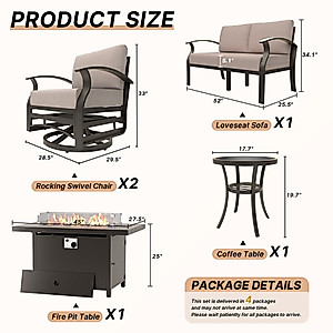 Piltwoff Aluminum Patio Furniture Set with Swivel Chairs,4-Seat Modern Outdoor Sectional Sofa w/45in 55000BTU Fire Pit Table and 5.1 Inch Cushion,Patio Conversation Sets w/Coffee Table,Sand