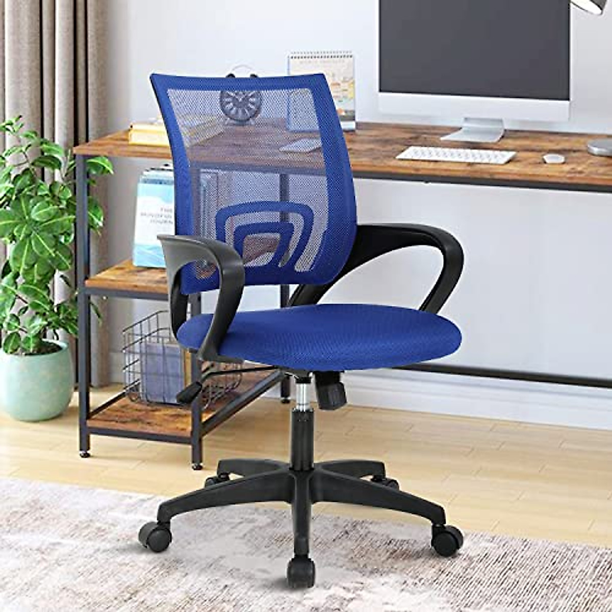 Home Office Chair Desk Chair Computer Chair with Lumbar Support& Armrest, Adjustable Ergonomic Mid Back Task Chair Mesh Rolling Swivel Office Desk Chairs for Bedrooms, Blue