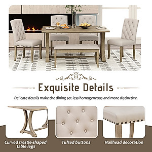 Merax Dining Table Set, 6-Piece Farmhouse Dining Room Set, Rectangular Trestle Table and 4 Upholstered Chairs & Bench for Dining Room, Natural Wood Wash