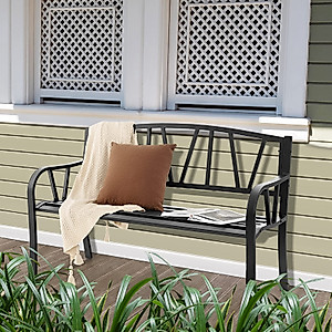 Giantex Garden Bench for Outside 50 Inch - Outdoor Bench with Metal Frame, Patio Metal Bench with Backrest, Armrests and Slatted Seat for Park, Porch, Backyard, 660 lbs Max Load, Black