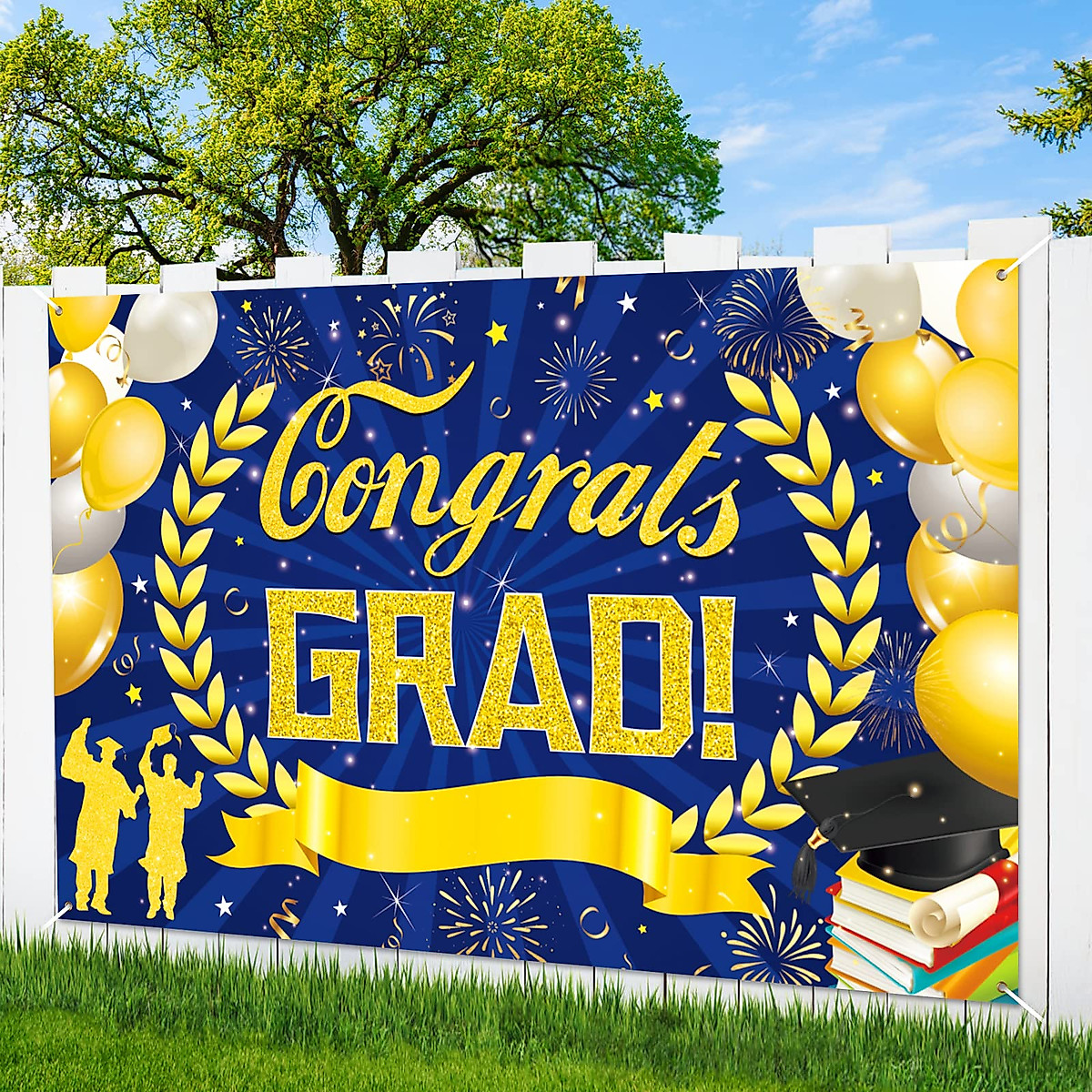 Navy Blue Congrats Grad Banner Decorations Class of 2023 Gold Blue Graduation Party Banner Supplies Photo Booth Wall Large Backdrop Decor for 2023 High School College Graduation Party Sign 72 x 44inch
