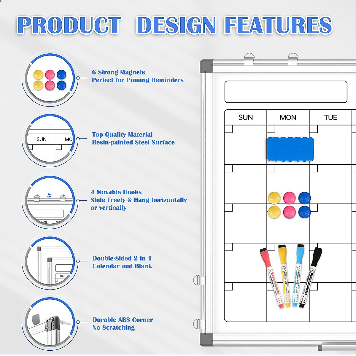 Monthly Calendar Dry Erase Whiteboard for Wall, 24" x 18" Magnetic Calendar White Board, Double-Sided Portable Board for Office, Kitchen, School, Home