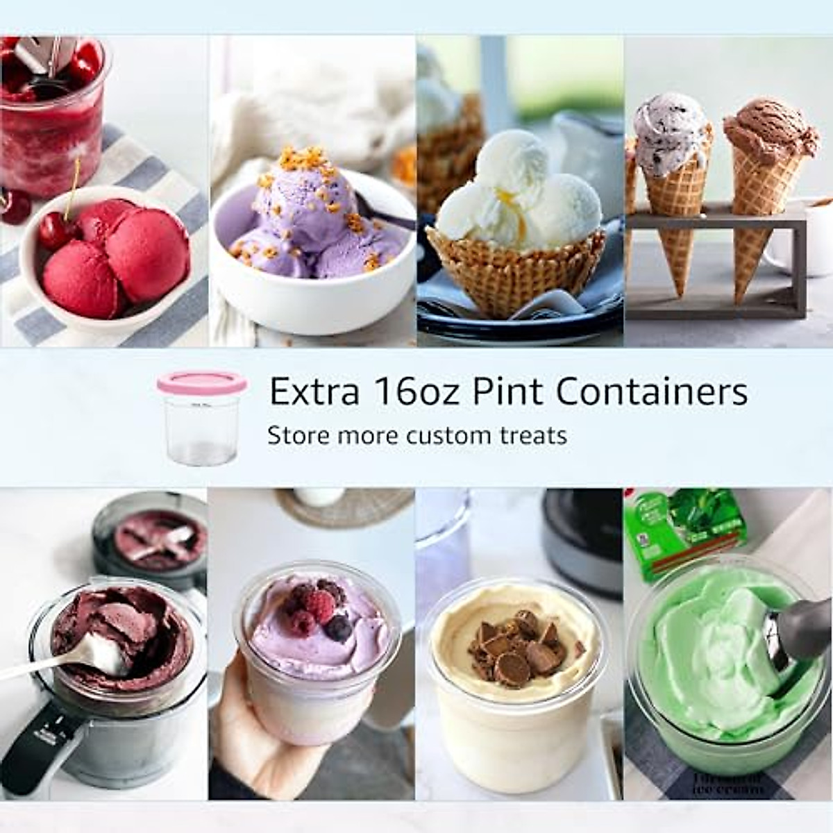 Aelfon Ice Cream Containers for Ninja Creami Pints and Lids 16oz Pint Containers 4Pack Extra Replacement Pints for Ninja Creami NC301, NC300, CN301CO, CN305A Ice Cream Maker(Gray, Green, Pink, Blue)