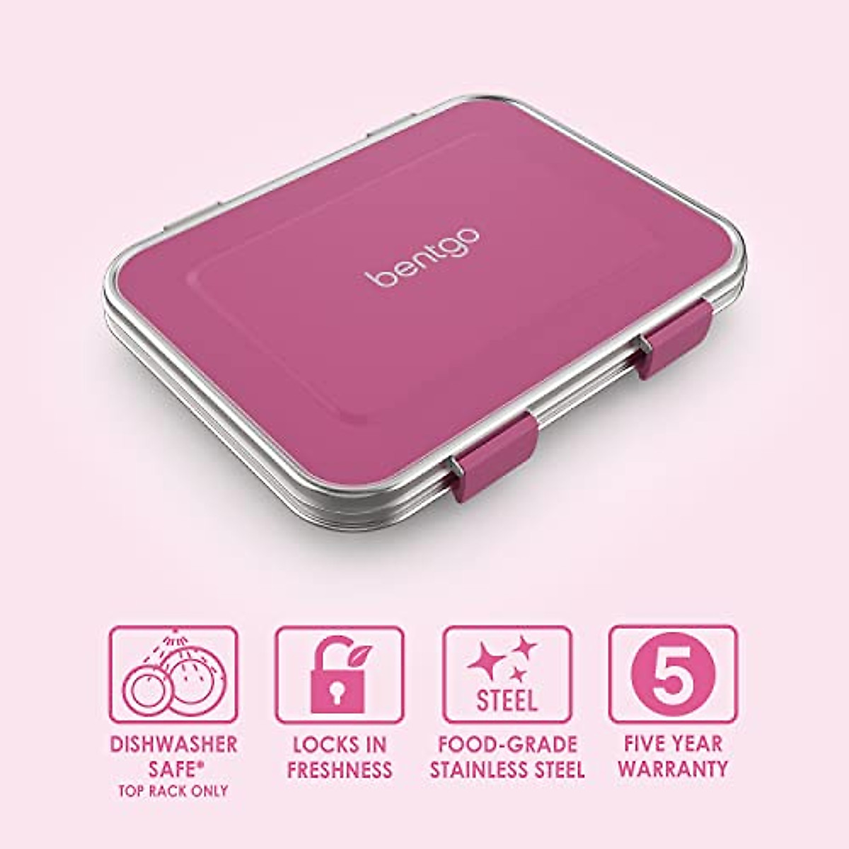Bentgo® Kids Stainless Steel Leak-Resistant Lunch Box - Bento-Style Redesigned in 2022 w/Upgraded Latches, 3 Compartments, & Extra Container - Eco-Friendly, Dishwasher Safe, Patented Design (Fuchsia)