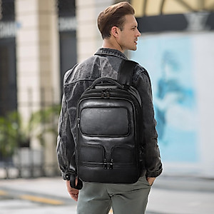 Masa Kawa Full Grain Leather 15.6 Inch Laptop Backpack for Men Black Large Business Travel Rucksack Bag Overnight Daypack