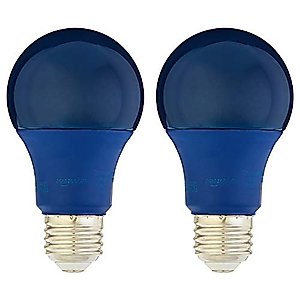 Amazon Basics A19 Blue Color Party LED Light Bulb, 60 Watt Equivalent, Energy Efficient 9W, E26 Standard Base, Non-Dimmable, 10,000 Hour Lifetime , 2-Pack