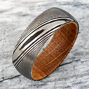 Gorgeous 8mm Damascus Steel Dome Band Ring with Wood Grain Finish and Whiskey Barrel Oak Wood Inner Band. (Stainless-Steel, 10.5)