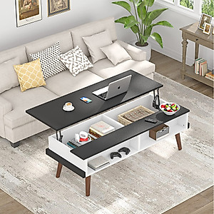 Aheaplus Lift Top Coffee Table Wood Pop Up Coffee Table with Storage Shelf for Living Room, Home Office, Black