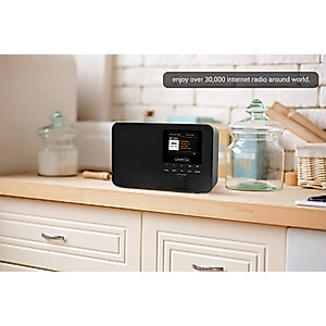 LEMEGA IR1 Portable WiFi Internet Radio,FM Digital Radio,Bluetooth Speaker,Dual Alarms Clock,Sleep Snooze Timer,40 Presets, Headphone-Output,Colour Display,Batteries or Mains Powered – Black Finish