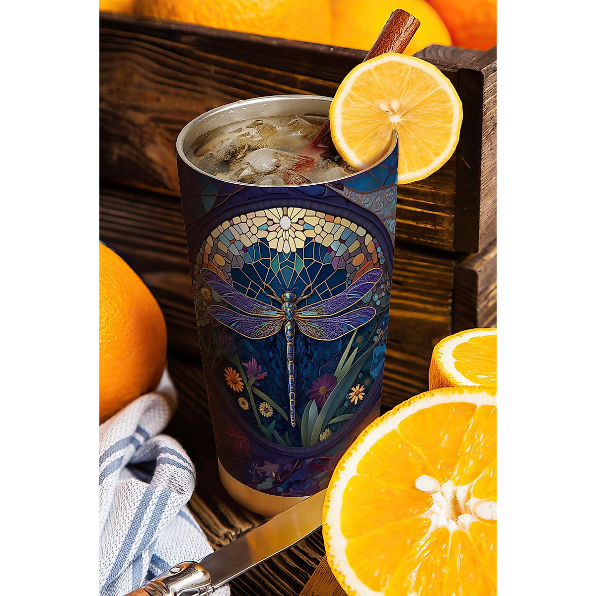 ORCAE 20oz Blue Purple Stained Glass Dragonfly Tumbler, Gifts for Dragonfly Lovers, Coffee Thermos for Women, Stainless Steel Double Wall Vacuum Insulated Coffee Mug, Travel Cup with Lid - G