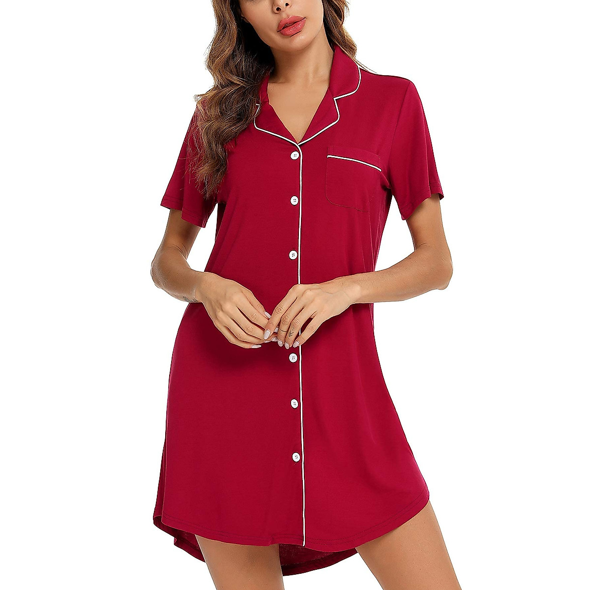 Samring Womens Nightshirt V Neck Boyfriend Sleepwear Shirts Loose Sleeve Button Sleep Tee Red S