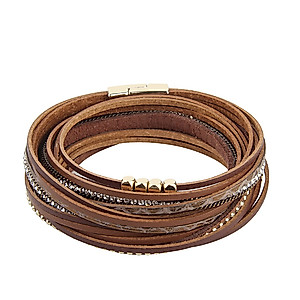 TASBERN Women Leather Wrap Bracelet in Goldplated Metallic Crescents and Crystal Cuff Bracelets for Ladies Christmas Gift (brown leather bracelet for women)