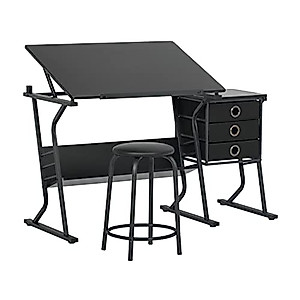 SD Studio Designs 2 Piece Eclipse Ultra Center/Drawing Table with Stool, Angle Adjustable Top, Storage Shelves, and Drawers