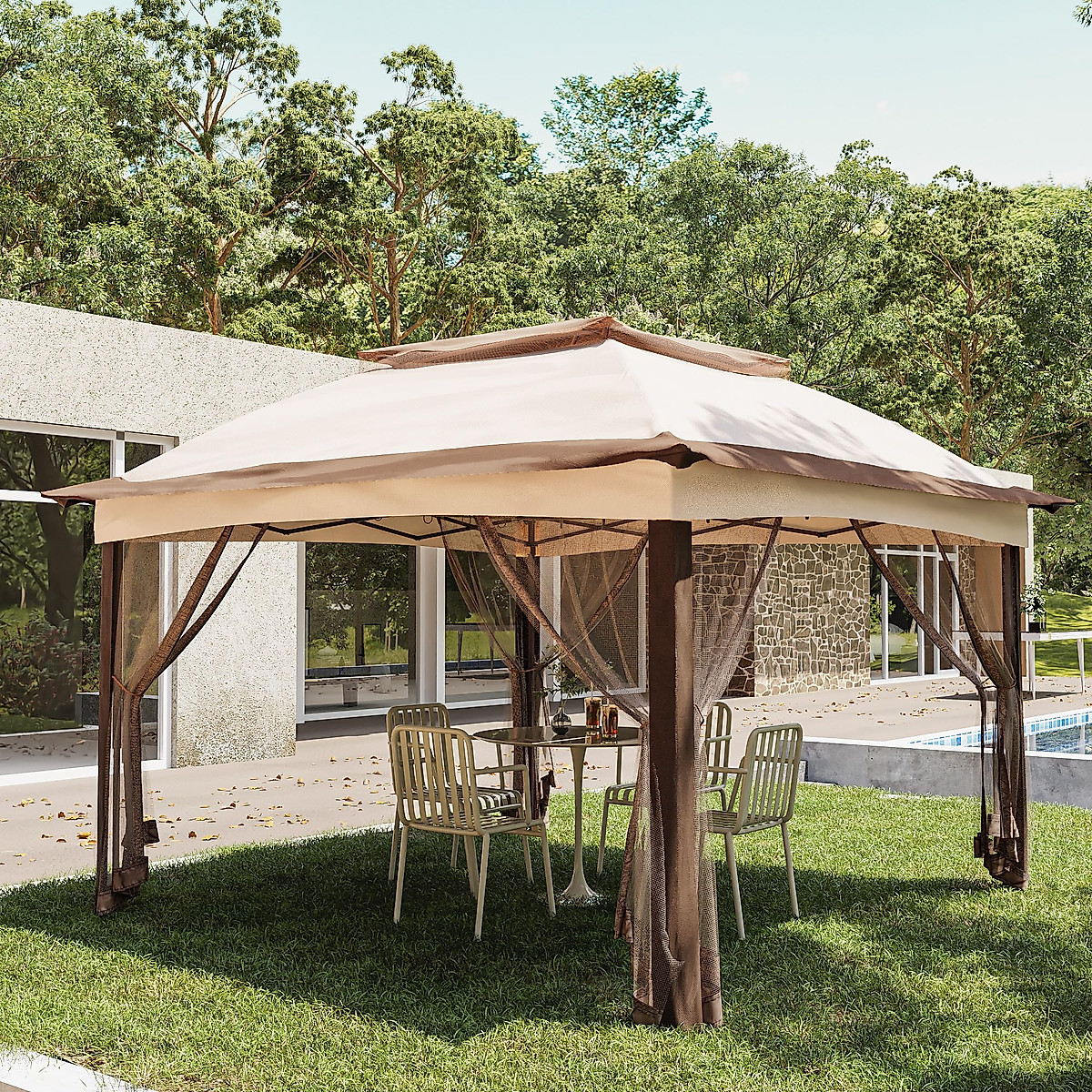Joyside 11'x11' Pop Up Gazebo for Patio Gazebo Canopy Tent with Sidewalls Outdoor Gazebo with Mosquito Netting Pop Up Canopy Shelter Wedding Tent (Beige)