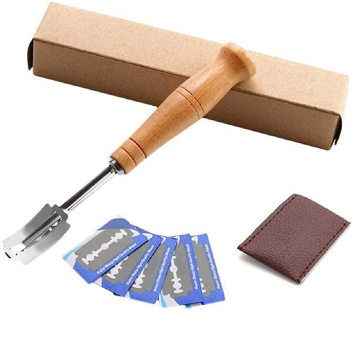 Premium Hand Crafted Bread Lame with 5 Replaceable Blades Dough Making Slasher Tools for Scoring Sourdough Bread Easily - Super Sharp and Durable Razors with Authentic Leather Protective Cover