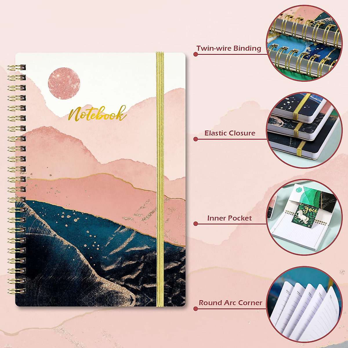 Bushypushy Spiral Notebook - 3 Pack A5 Lined Notebook Journal for Women, Spiral Journal 5.7" x 8.4", 160 Pages, College Ruled Writing Notebook with Back Pocket, 100gsm Paper, for Office & School