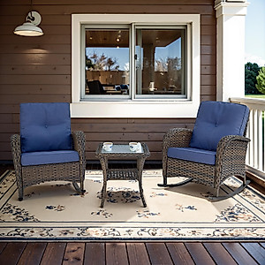 Belord Wicker Porch Rocking Chairs - 3 Pieces Patio Bistro Set High Back Outdoor Rocker Chairs Set with Side Table for Deck Balcony Brown