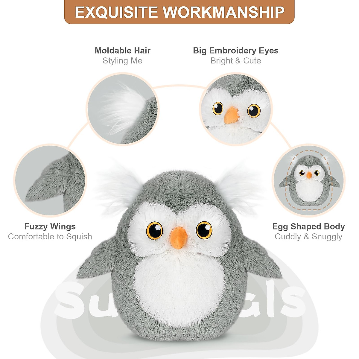 SuzziPals 13 inch Owl Plush Pillows, Cute Stuffed Animals Plush Toys, Plushies Owl Pillow for Hug, Owl Soft Toys Kawaii Decor for Kids, Owl Gifts Birthday Stuffed Animal for Kid