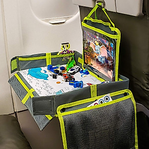 Jumbo Ears Origami Kids Travel Tray Placemat Cover -Gray- Foldable and Easy to Setup with Bonus Portable Multipurpose Side Pockets Organizer for Tablets and Phones Activities or Snacks for Toddler