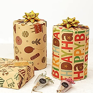 ZHULUOJI Kraft Wrapping Paper Birthday 8 Sheets Recyclable Wrapping Paper with 4 Gift Tags, Folded Flat Gift Wrap Paper Set, 19.7 in x 27.6 in Per Sheet