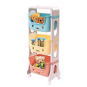 Kids Toy Storage Organizer, 3-Tier Rolling Cart, Children Playroom Decor Doll Activity Rack Shelf Plastic Bins Box with Universal Wheels for Children's Rooms, Kindergartens (Multicolor)
