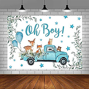 ABLIN 7x5ft Boy Baby Shower Woodland Theme Party Backdrop Oh Boy Blue Truck Balloons Green Leaves Cute Sika Deer Owl Fox Bear Photo Background Gender Reveal Party Decorations Props