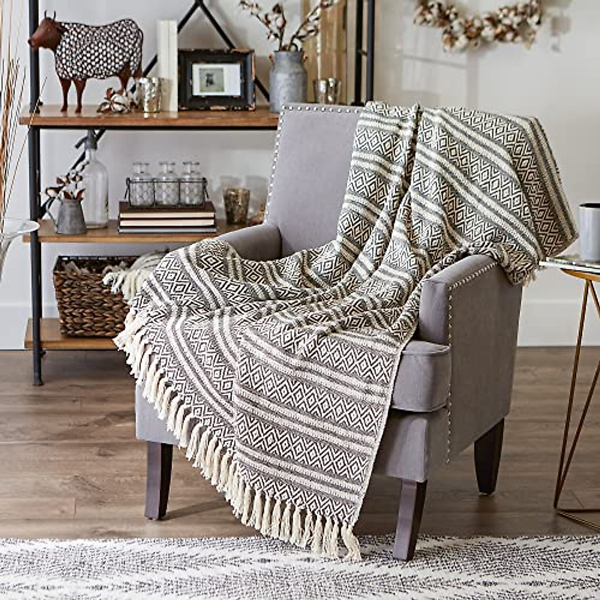 DII Rustic Farmhouse Cotton Adobe Stripe Blanket Throw with Fringe for Chair, Couch, Picnic, Camping, Beach, & Everyday Use, 50 x 60