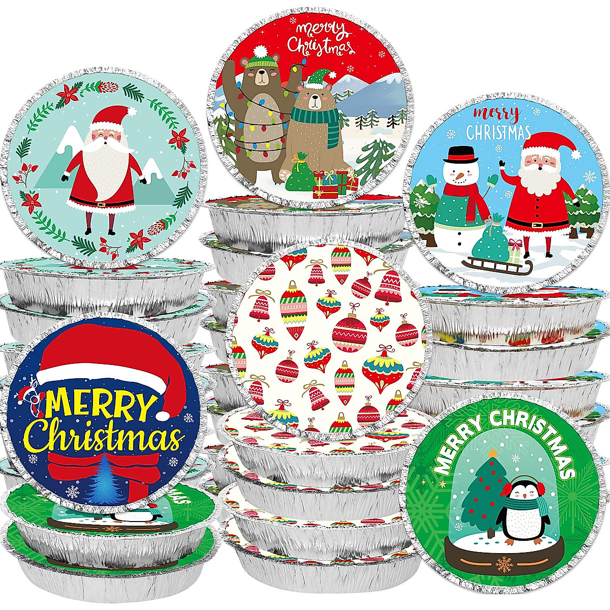 WorldBazaar Christmas Aluminum Food Containers with Lids 36PCS Christmas Disposable Lefover Containers Round Holiday Foil Tins Food Storage Pan Christmas Party Supplies