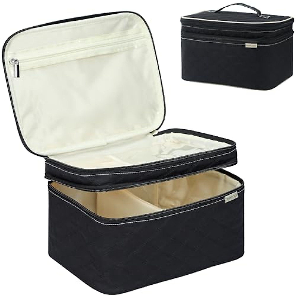 FINDCOZY Large Travel Makeup Bag, Double Layer Cosmetic Case for Women, Organizer for Travel Accessories Brushes, Beauty, Eyeshadow Palette, Lipstick, Black