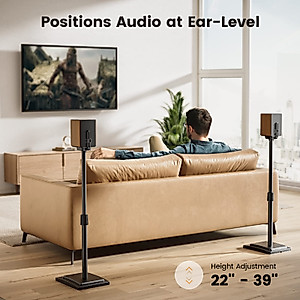 Perlegear Speaker Stands - Hight Adjustable Extend 22'' to 39'' for Satellite Speakers, Small Bookshelf Speaker Stands Holds 9 lbs, Stable with Weighted Base for Bose JBL Sony Vizio Yamaha