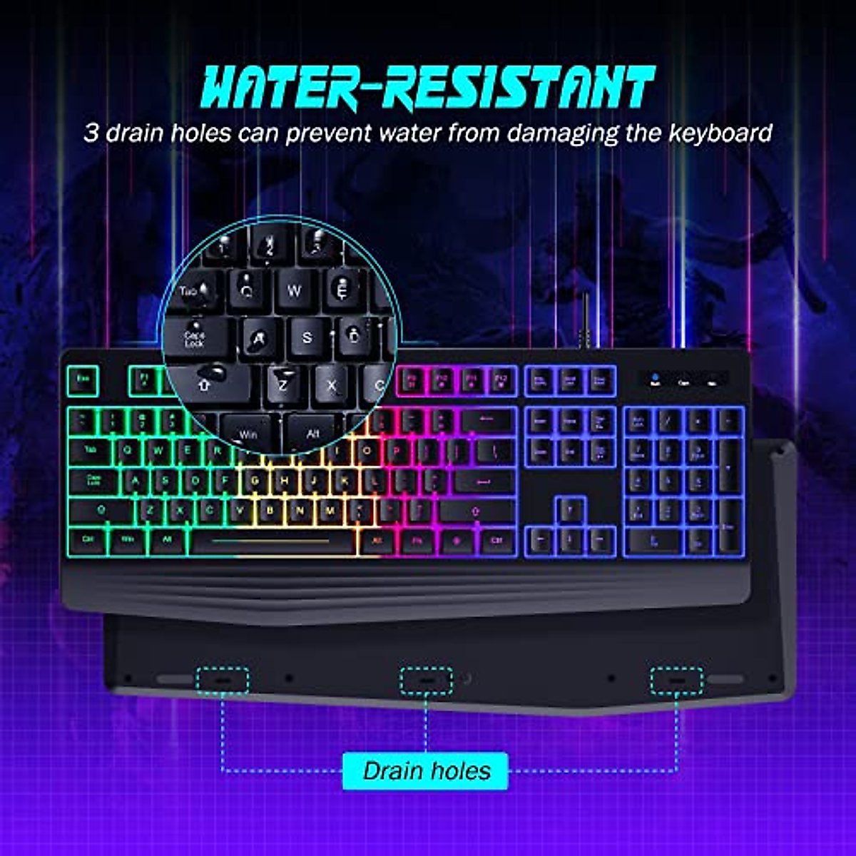 yesbeaut Gaming Keyboard, 7-Color Rainbow LED Backlit, 104 Keys Quiet Light Up Keyboard, Wrist Rest, Whisper Silent, Anti-ghosting Multimedia Keys, Waterproof USB Wired Keyboard for PC Mac Xbox