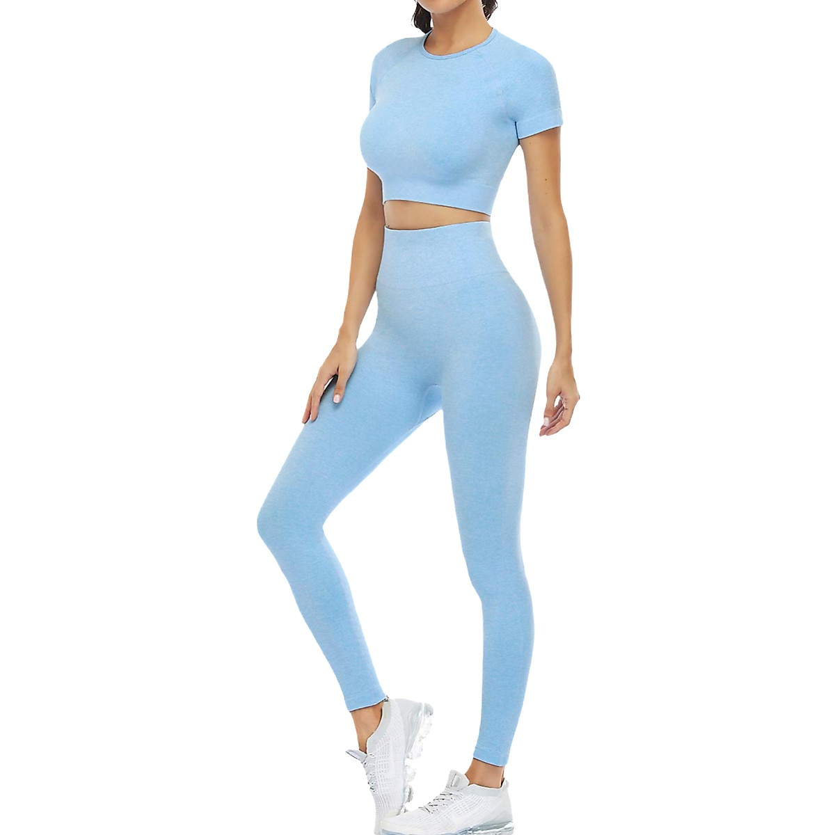 JOLLMONO 2 Piece Short Sleeve Outfits for Women Seamless Crop Tops Set for Women Workout Set(8005L-Light Blue)