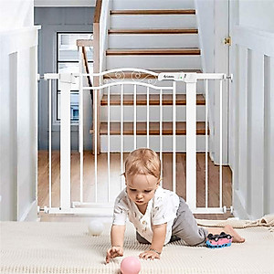 Tokkidas 40.6"-29.5" Auto Close Safety Baby Gate, Dog Gate, Durable Easy Walk Thru Child Gate for Stairs, Doorways, House, Includes 2.75" & 5.5" Extension, Pressure Mounted, NO Drilling, Arched White