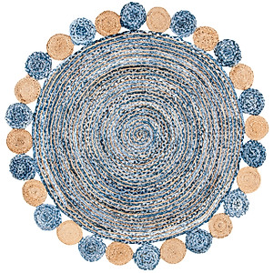 SAFAVIEH Cape Cod Collection 4' Round Blue/Beige CAP201C Handmade Boho Braided Jute & Cotton Entryway Foyer Living Room Bedroom Kitchen Area Rug